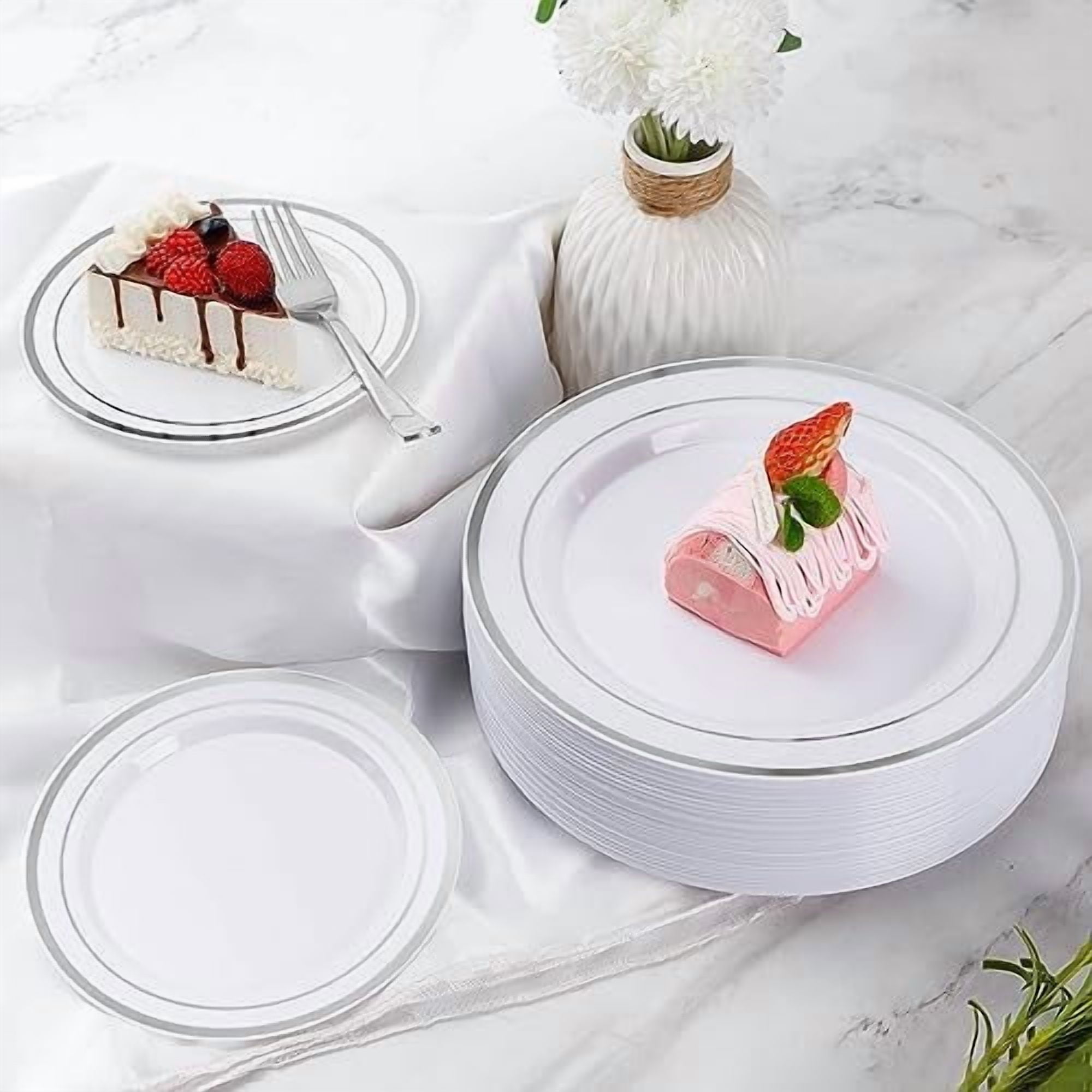 300-Piece Disposable Dinnerware Set for 50 Guests - Silver Plastic ...