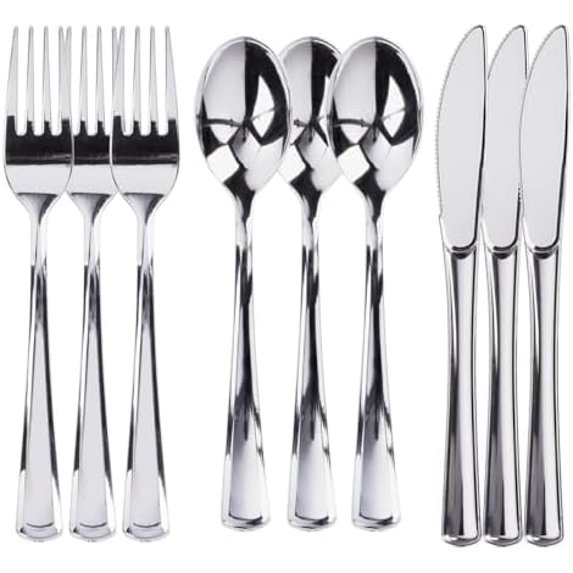300 Piece Heavy Duty Plastic Silverware Set - 100 of Each Silver ...