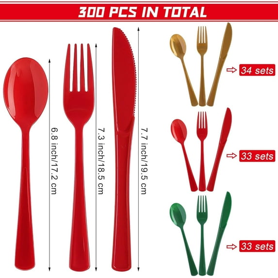 300 Pieces Christmas Plastic Silverware Heavy Duty Plastic Cutlery Set ...