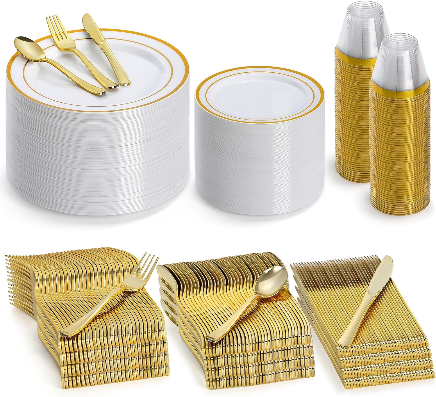 300 Pieces Gold Plastic Dinnerware for 50 Guests, Plastic Plates for ...