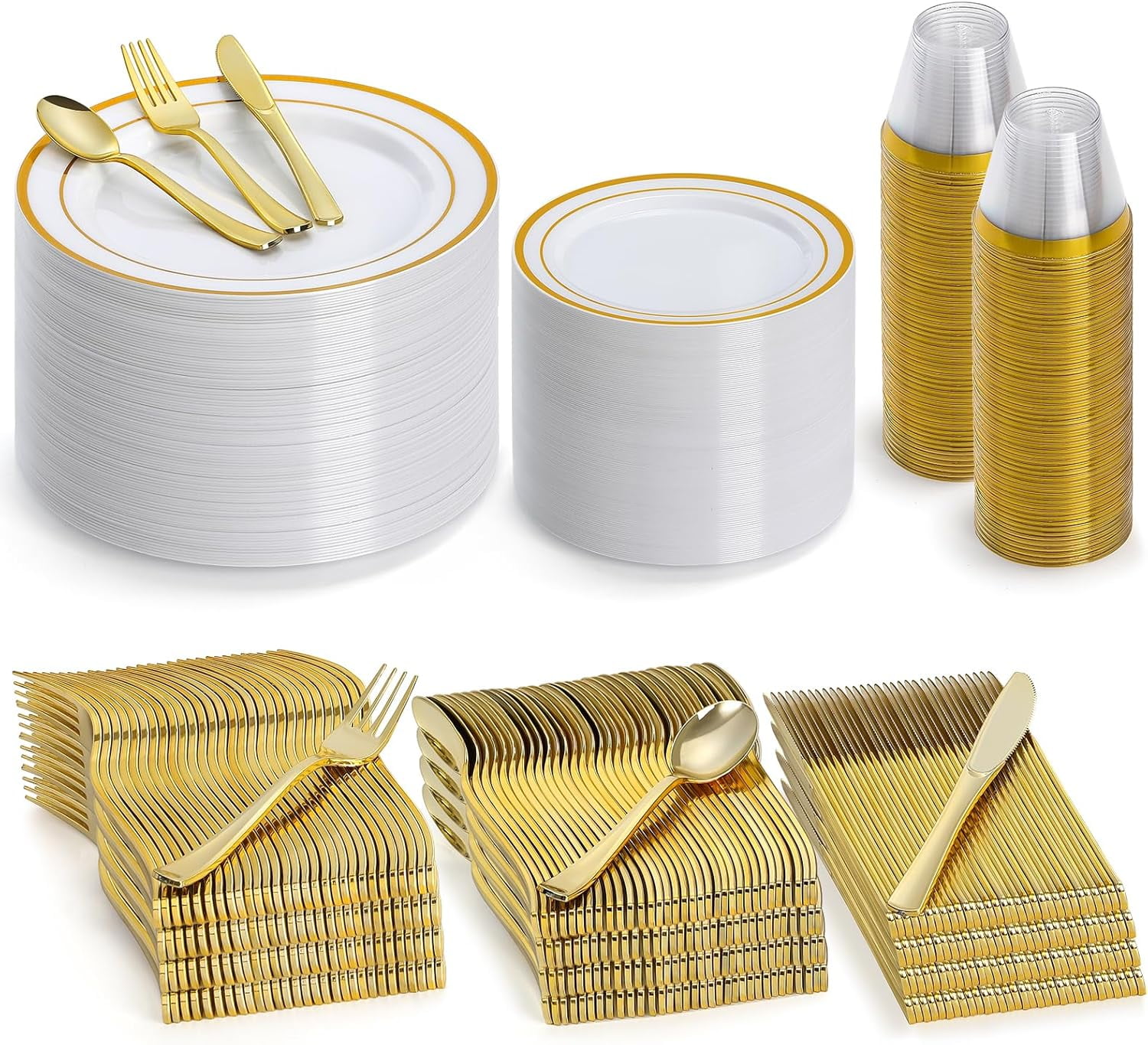 300 Pieces Gold Plastic Dinnerware for 50 Guests, Plastic Plates for ...
