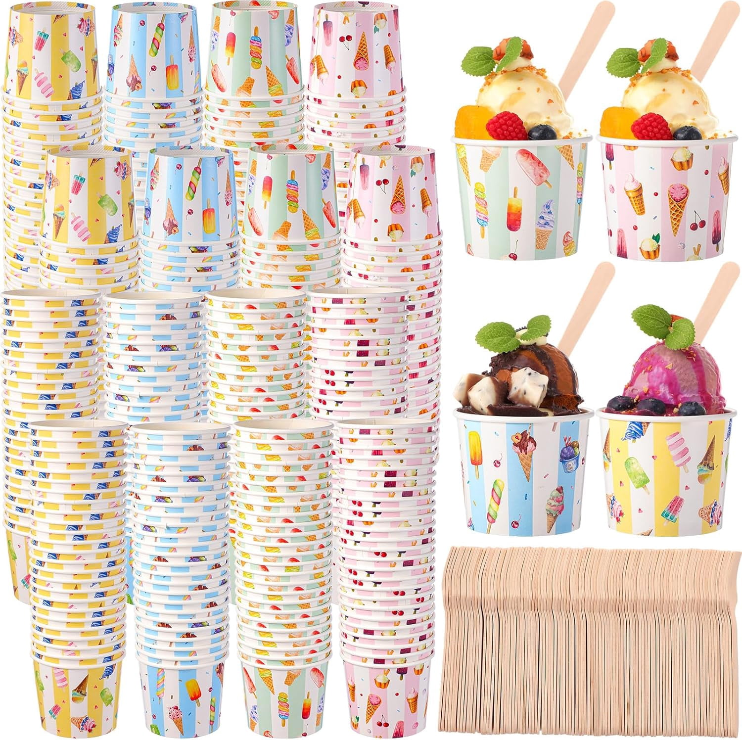 300 Sets 6 oz Ice Cream Cups Bulk with Spoons Disposable Dessert Bowls ...