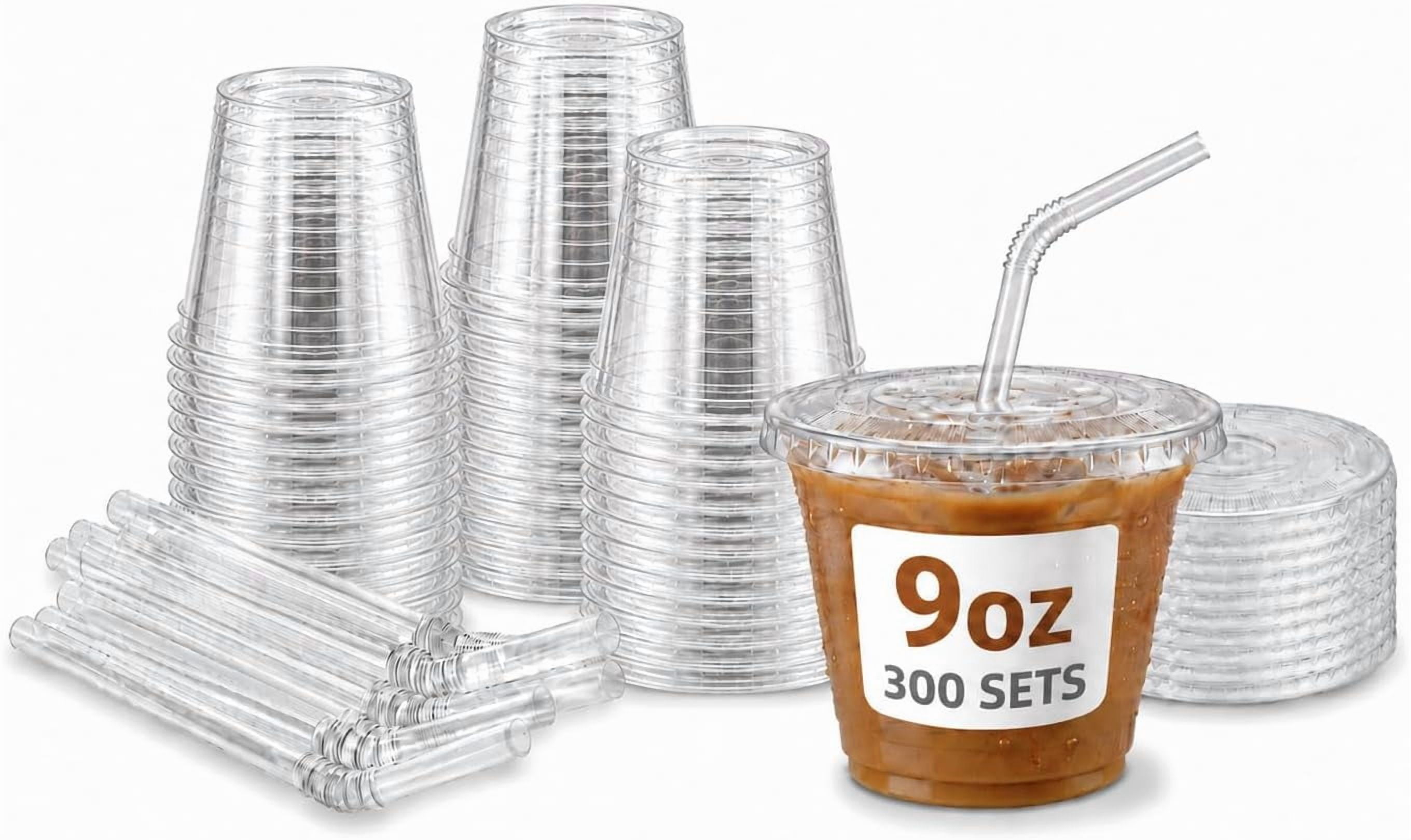 300 Sets – 9 oz Clear PET Plastic Cups with Lids and Straws, Sturdy ...