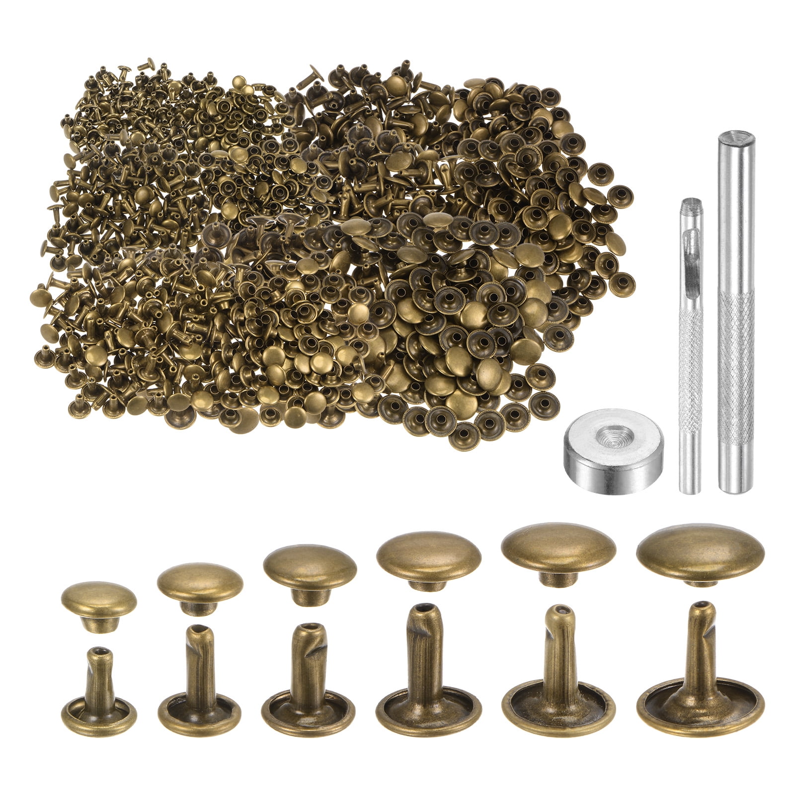 300 Sets Leather Rivets 6 Size Metal with 3 Setter Tools, Bronze ...