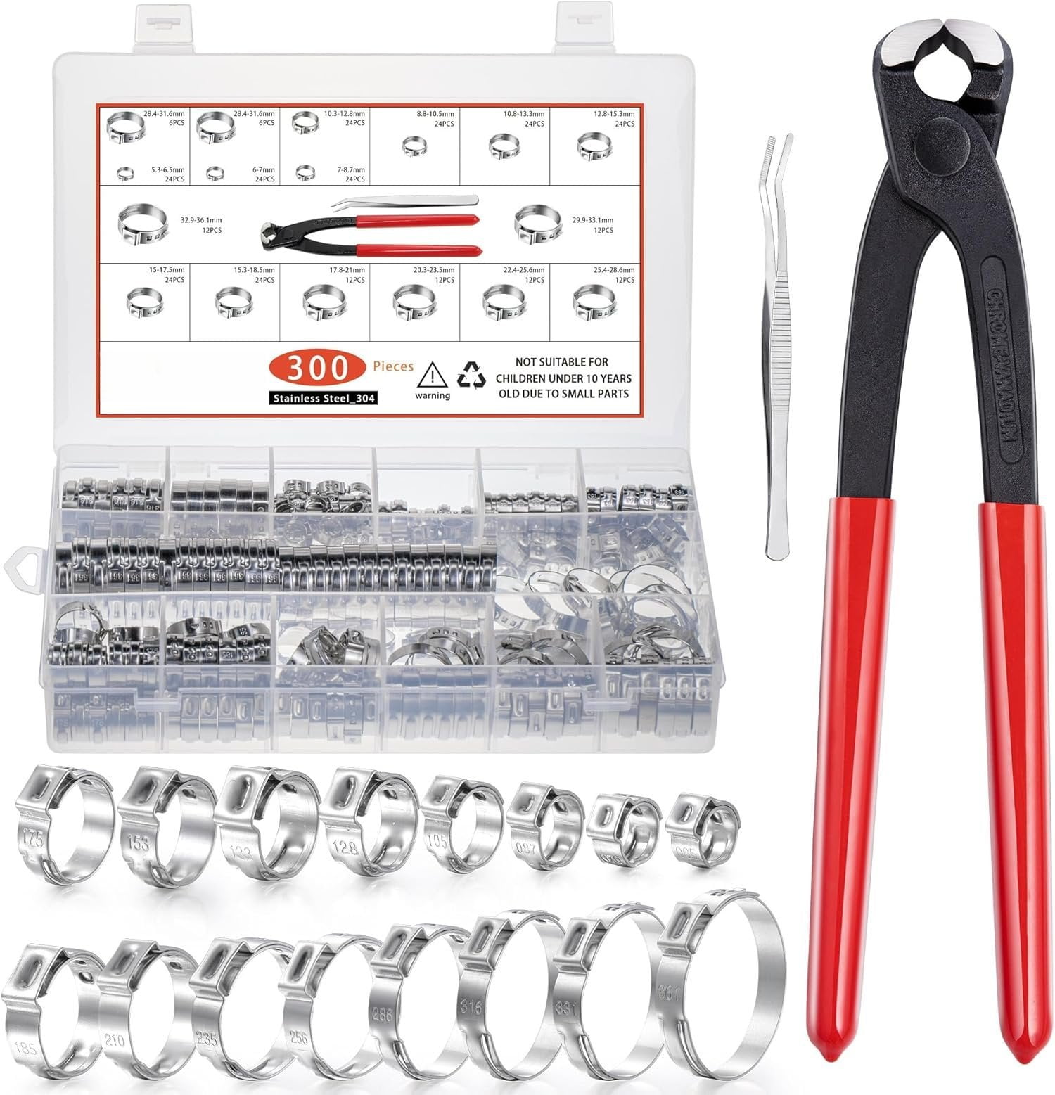 300 count 16 Sizes Single Ear Hose Clamps, 5.3-36.1mm Stainless Steel ...