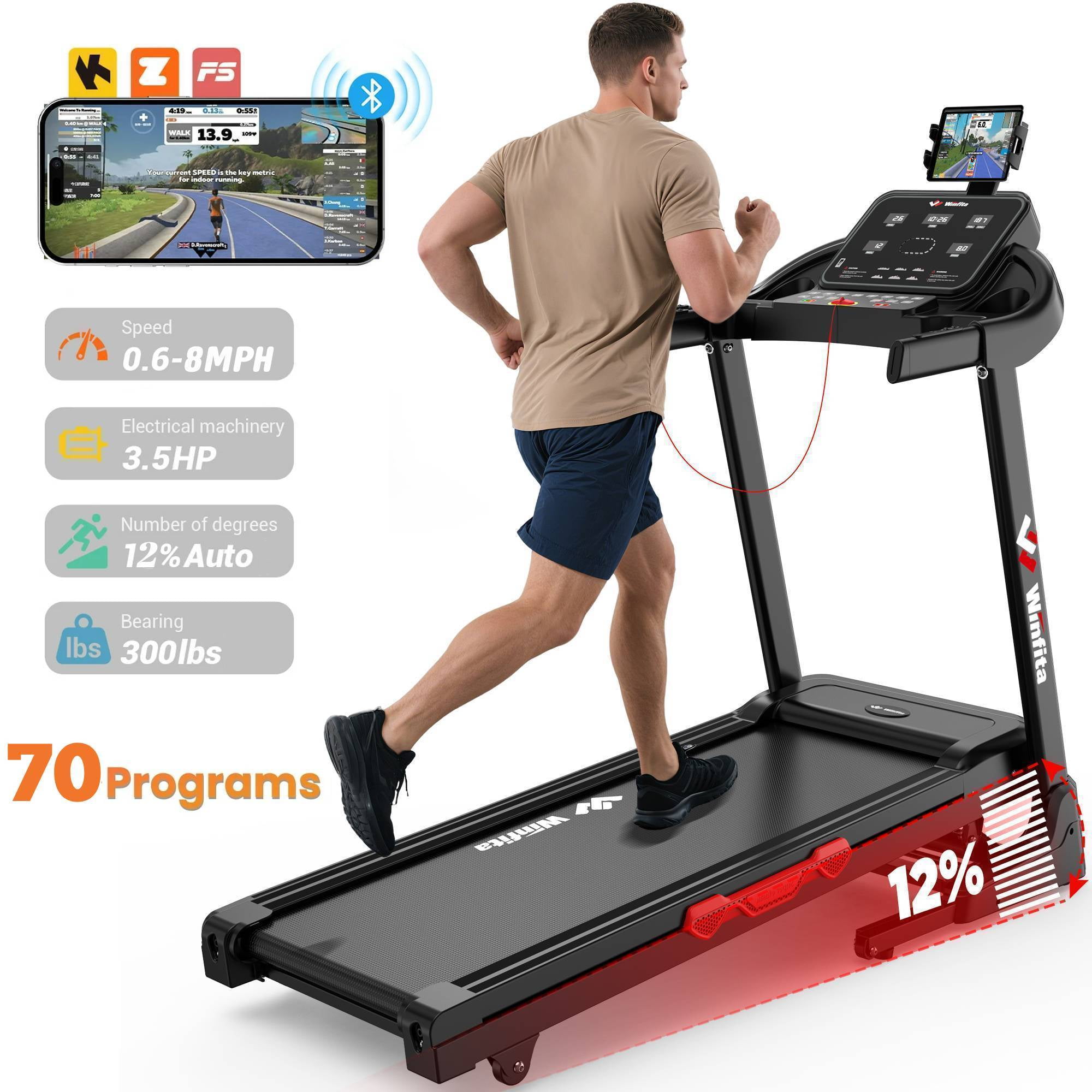 Winfita 3.5HP Foldable Treadmill with 12% Auto Incline, 0.6-8 MPH ...