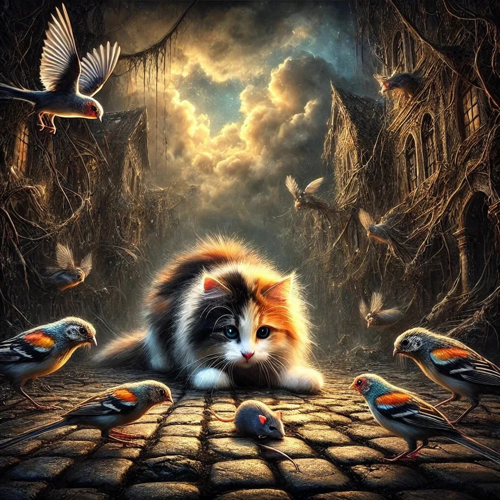 A 300-piece wooden jigsaw puzzle of Cat and Bird catching mice together ...