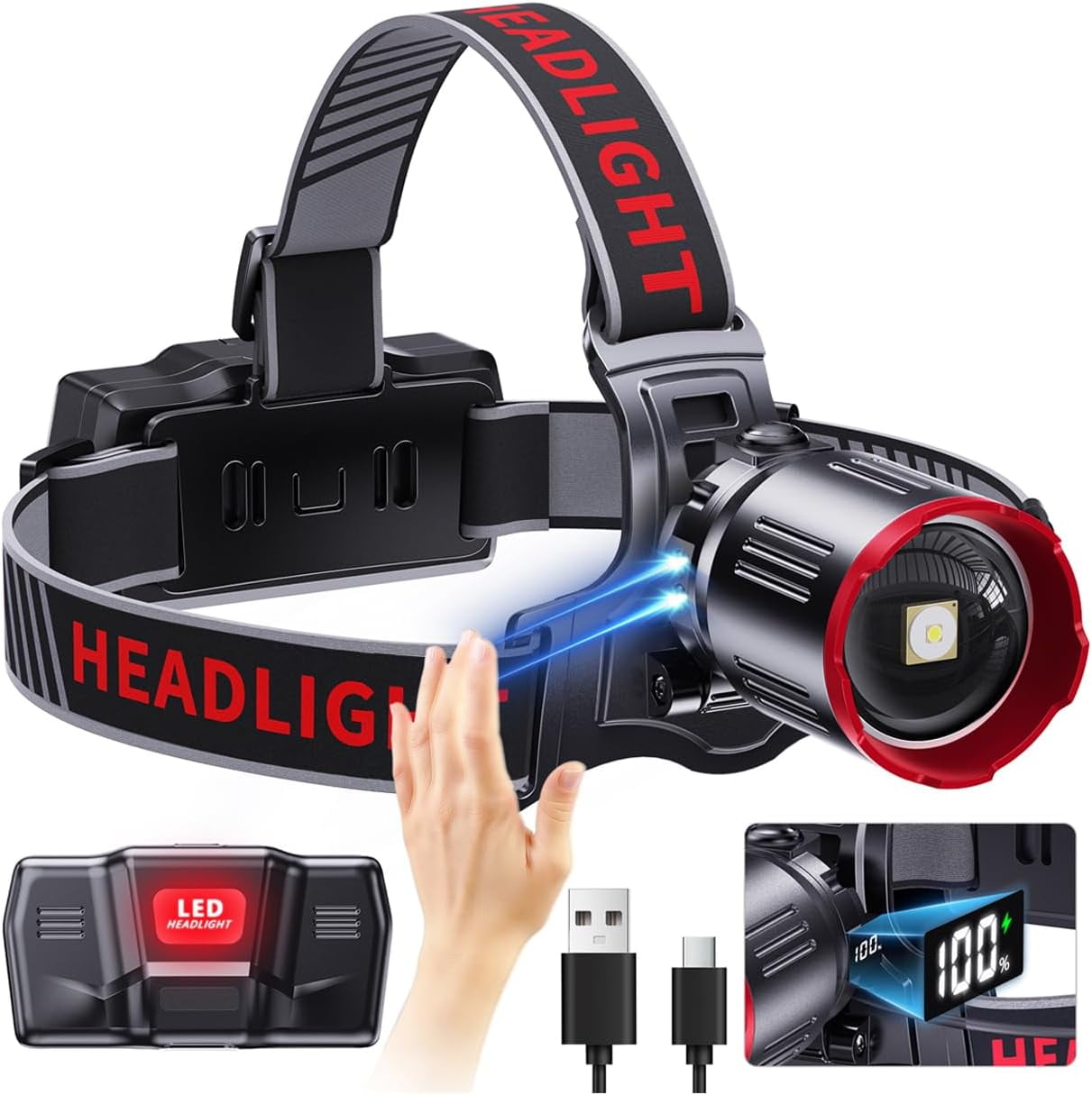 3000 LUMENS LED Rechargeable Head Lamps, Zoomable Bright Headlamp with 6 Modes & IPX7 Waterproof ...