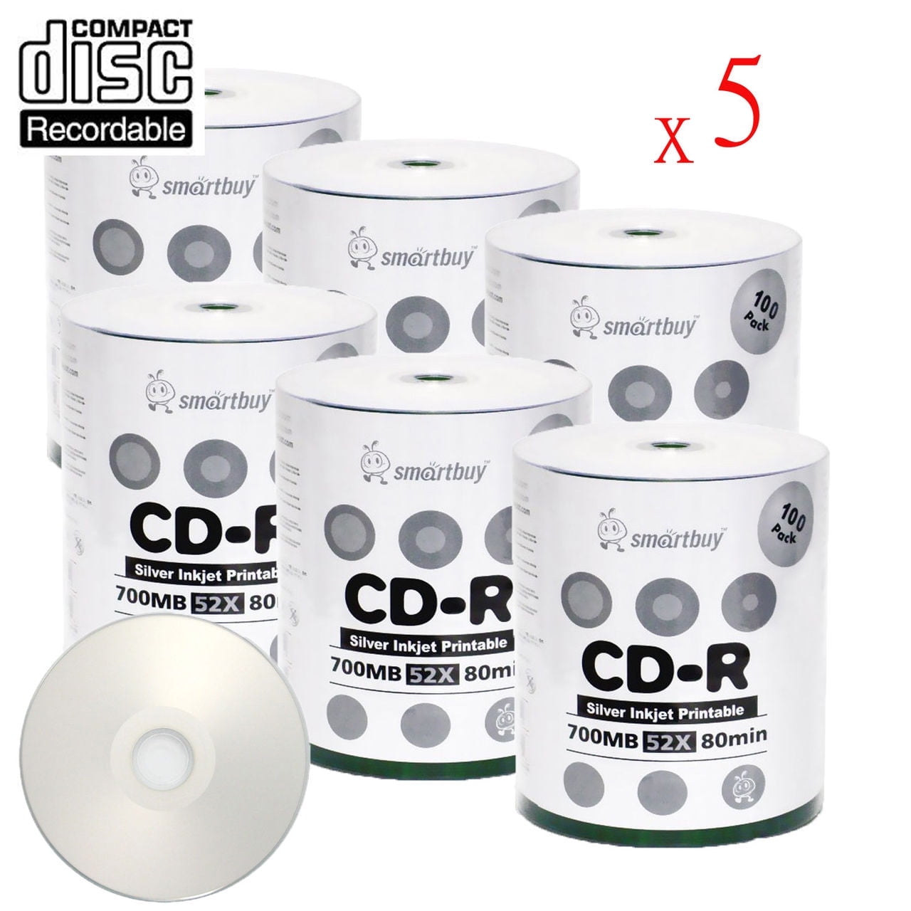 3000 Pack Smartbuy 52X CD-R 700MB 80Min Silver Inkjet Hub Printable ...