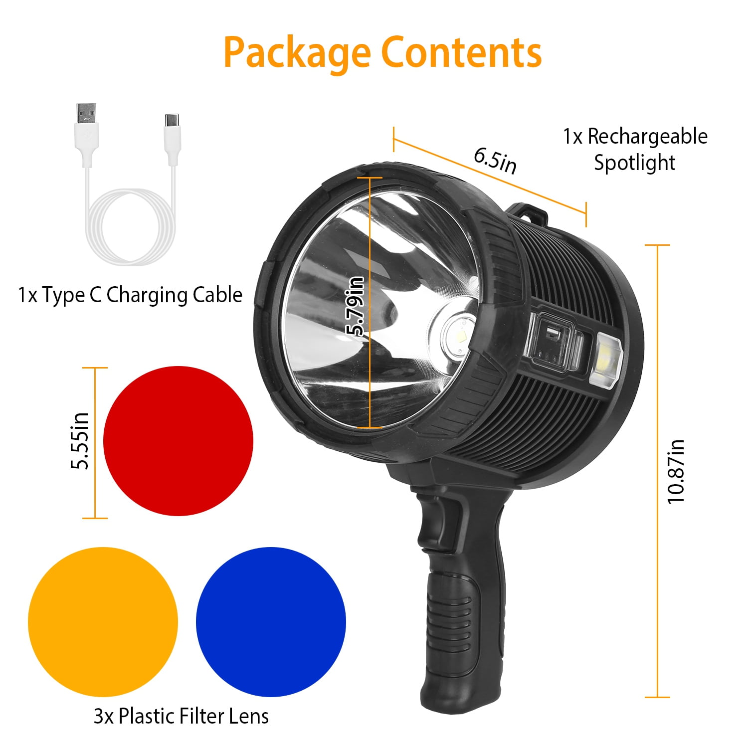 30000lm Handheld Spotlight Flashlight, Hunting LED Searchlight with 3 ...