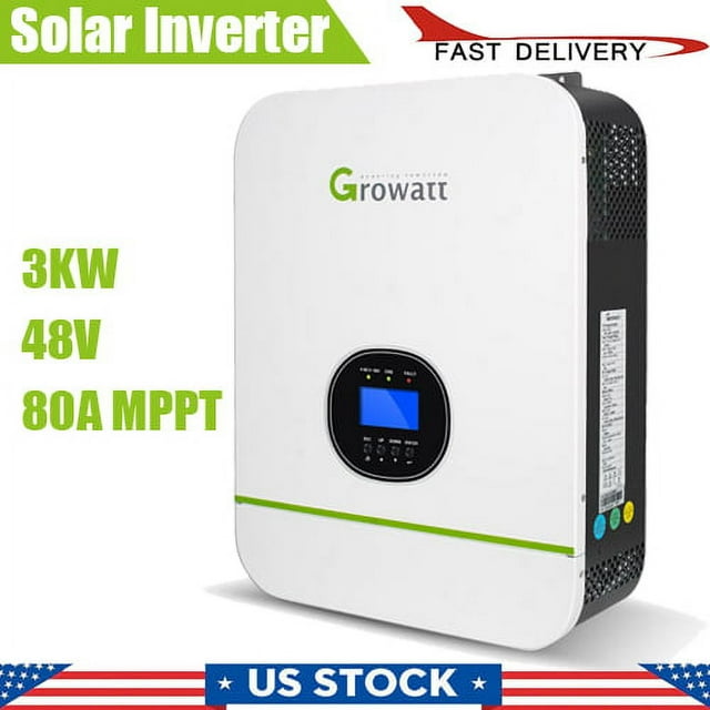3000W Growatt Solar Inverter Split Phase DC 48V 120VAC Pure Sine Wave Built in MPPT 80A Solar ...