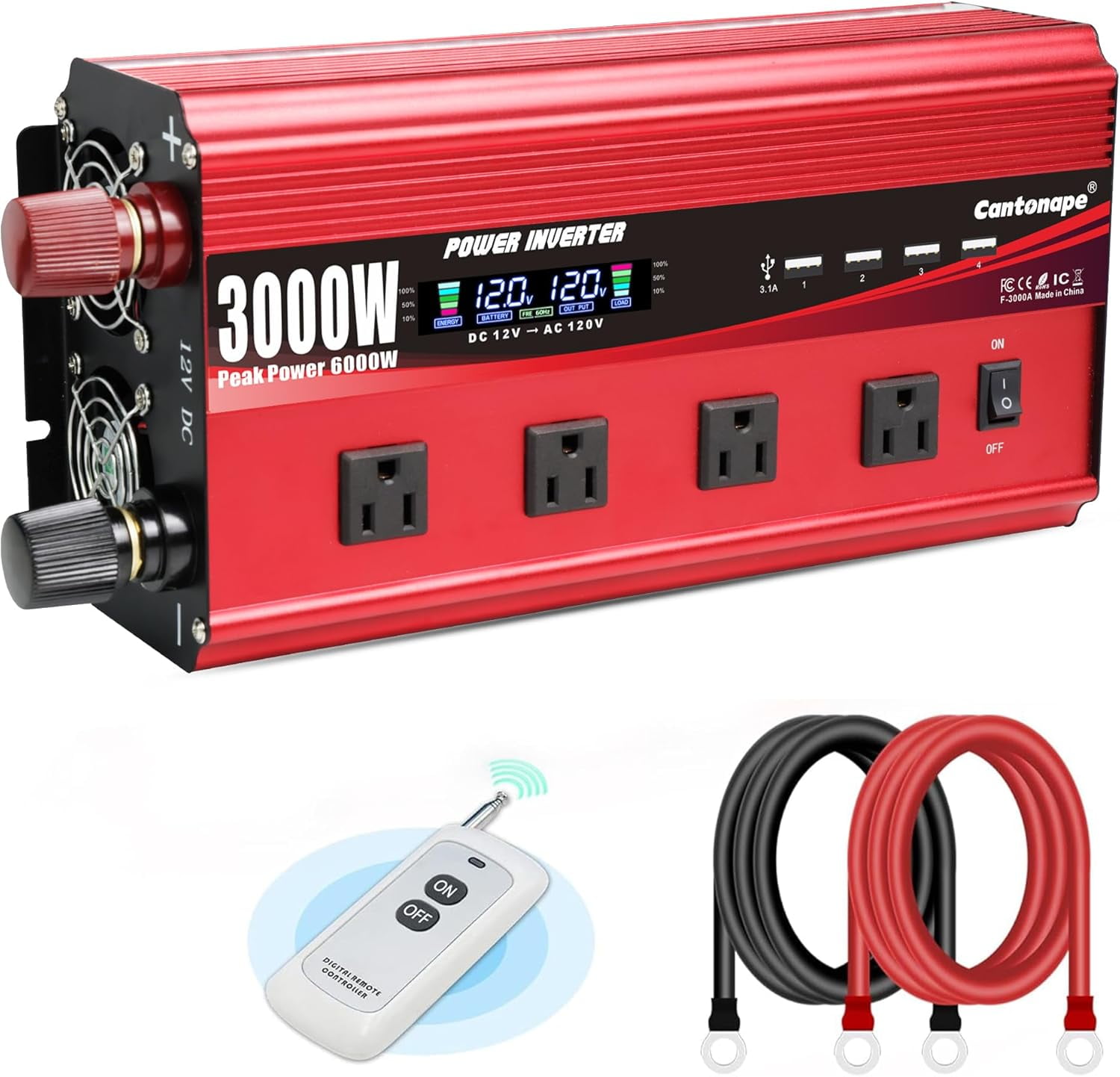 3000W Power Inverter 12V to 110V/120V DC to AC with LCD Display, Remote ...