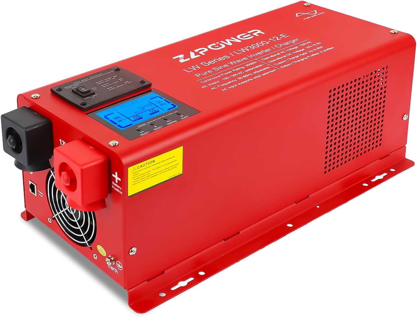 3000W Pure Sine Wave Inverter Charger, 9000W Surge, 12V DC to 120V AC, Off-Grid Low Frequency ...