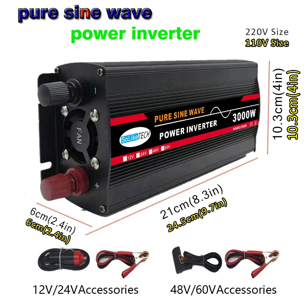 3000W Pure Sine Wave Power Inverter 12V/24V DC to 220V AC Converter ...