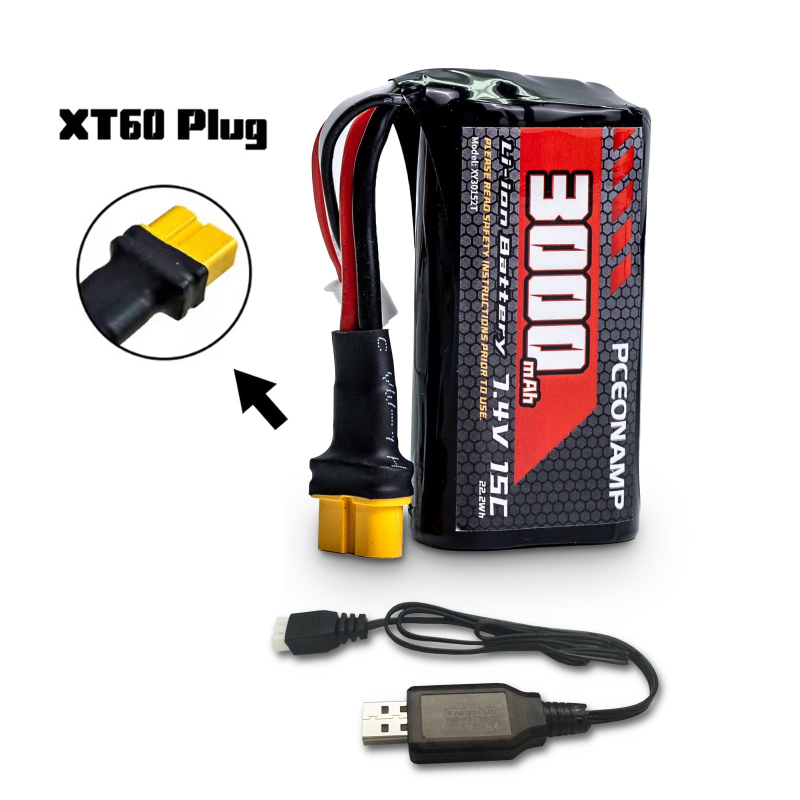 3000mAh 2S Battery 7.4V Li-ion Battery with XT60 Plug Rechargeable RC ...