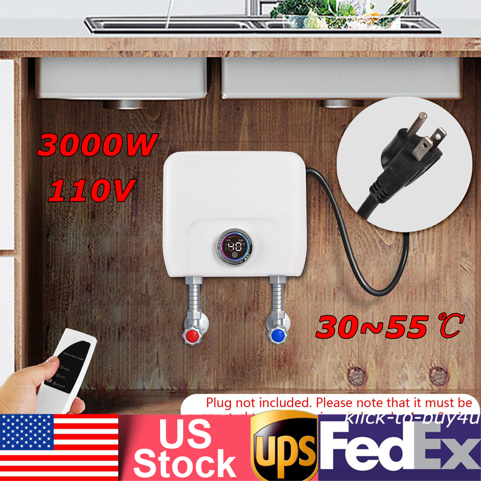 3000w Electric Water Heater W/ Remote Control Led Display Water Boiler ...