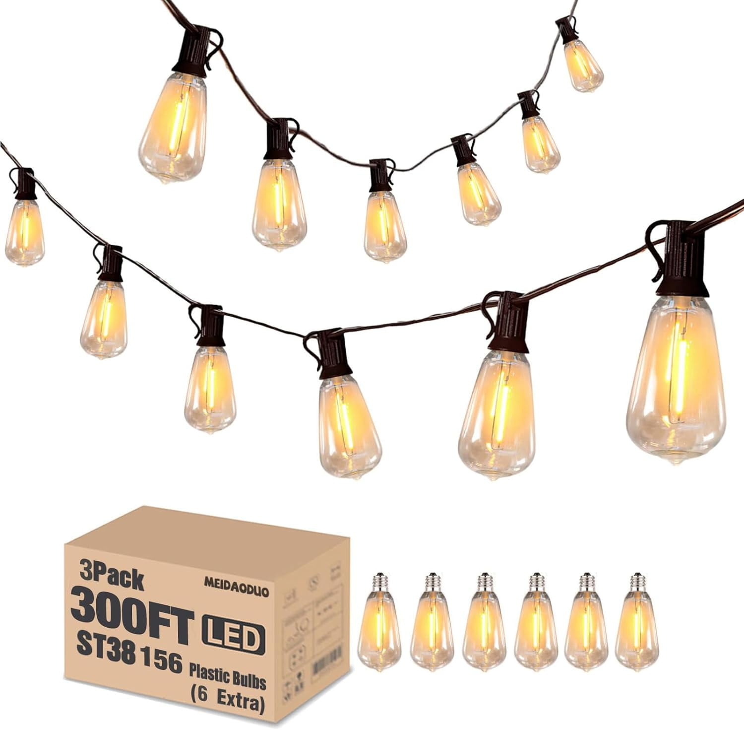 300FT Edison String Lights Outdoor Waterproof with 150+6 Extral LED Shatterproof ST38 Edison ...