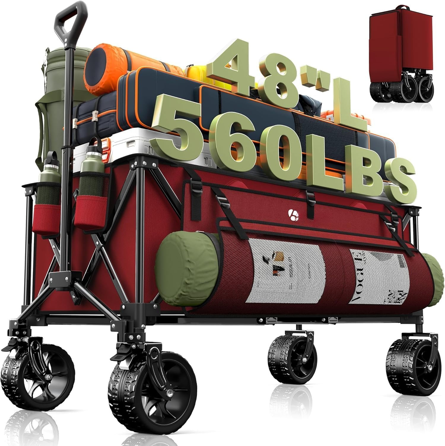 300L Wagons Carts Foldable, 560LBS Collapsible Beach Wagon 48" Long ...