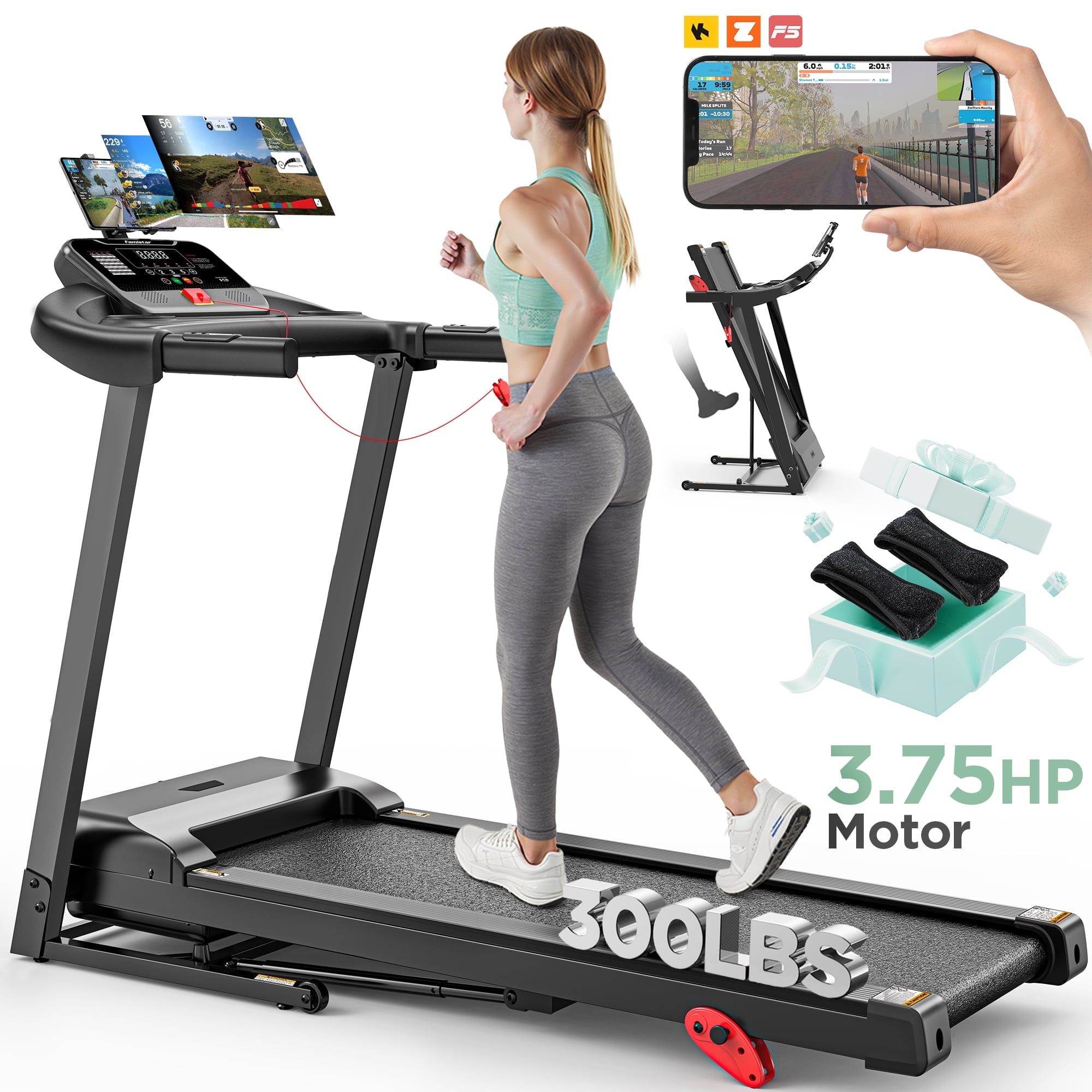 300LBS Capacity Folding Treadmill w/ Incline for Home, 3.75HP Portable ...