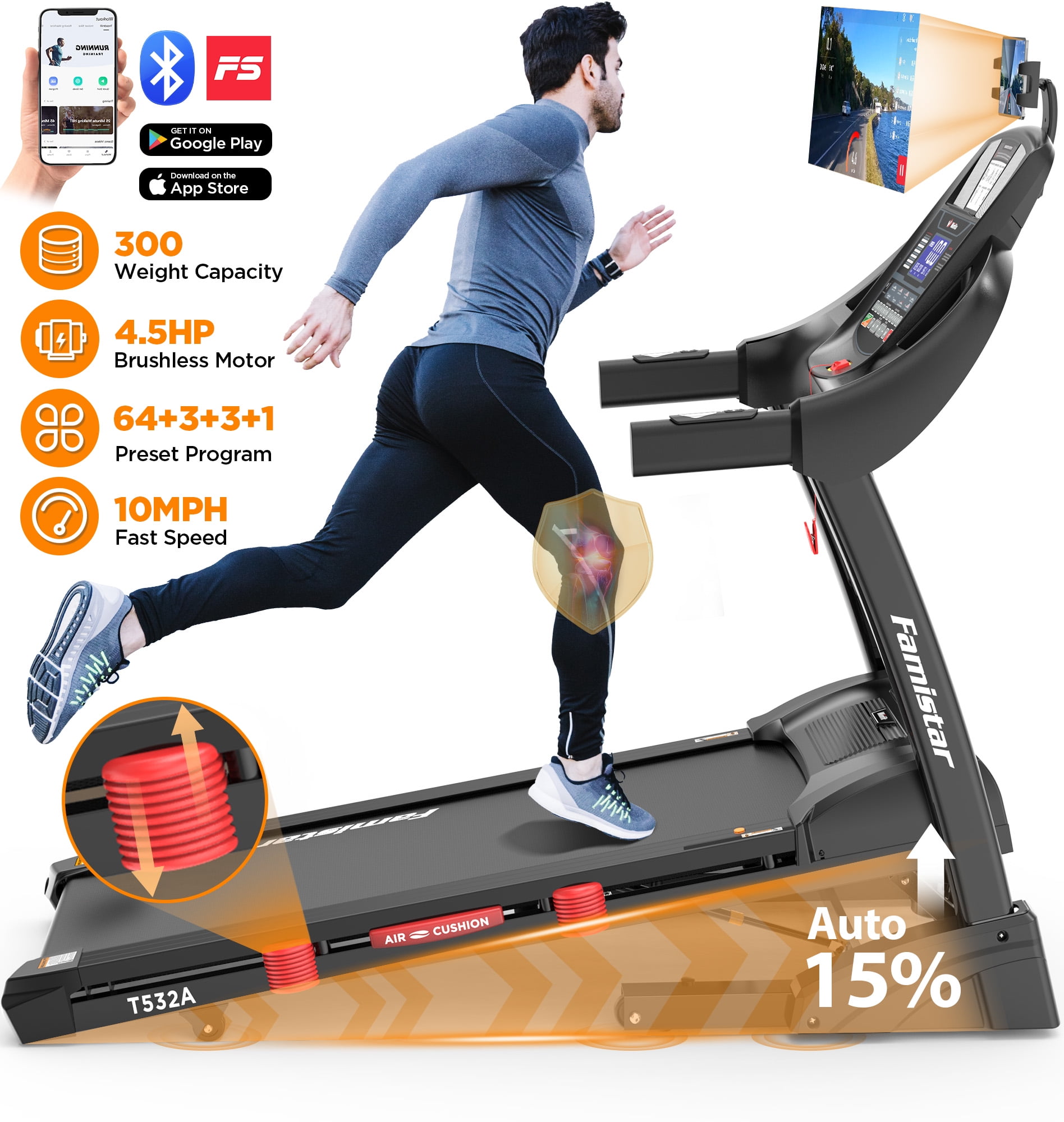 300LBS Capacity Treadmill, 4.75HP Folding Treadmill w/ 15% Auto Incline ...