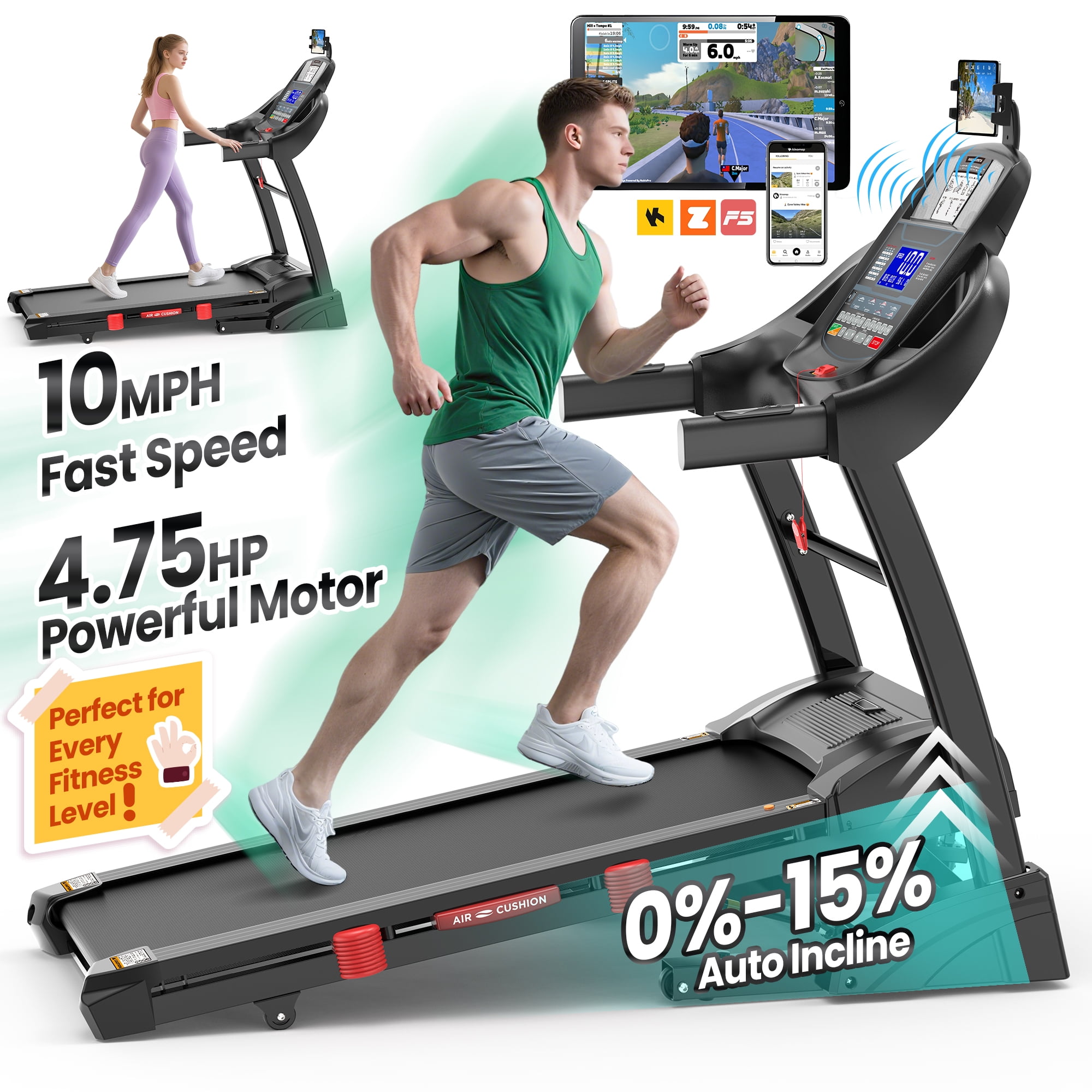 300LBS Capacity Treadmill, 4.75HP Folding Treadmill w/ 15% Auto Incline ...
