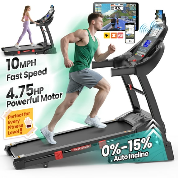 300LBS Capacity Treadmill, 4.75HP Folding Treadmill w/ 15% Auto Incline ...