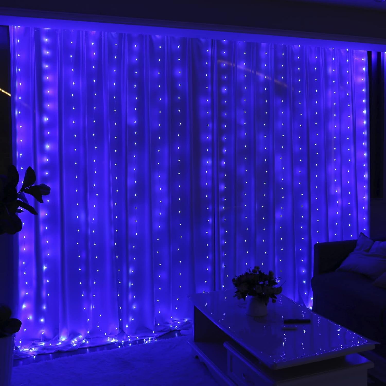 300LED Fairy Blue Curtain Lights for Bedroom, 3mx3m 8 Modes USB Plug in ...