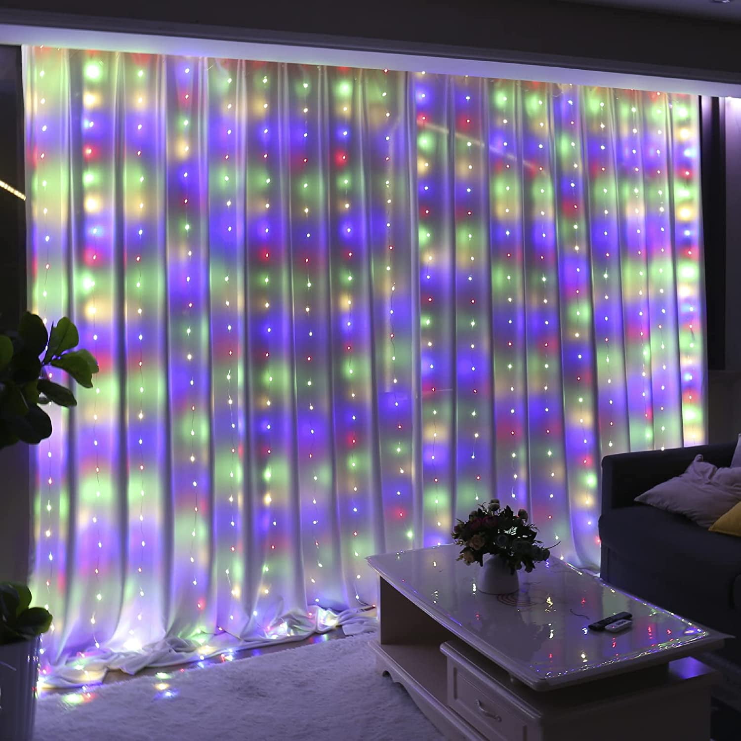 300LED Multicolor Fairy Curtain Lights, 3m x 3m USB Plug-in String ...