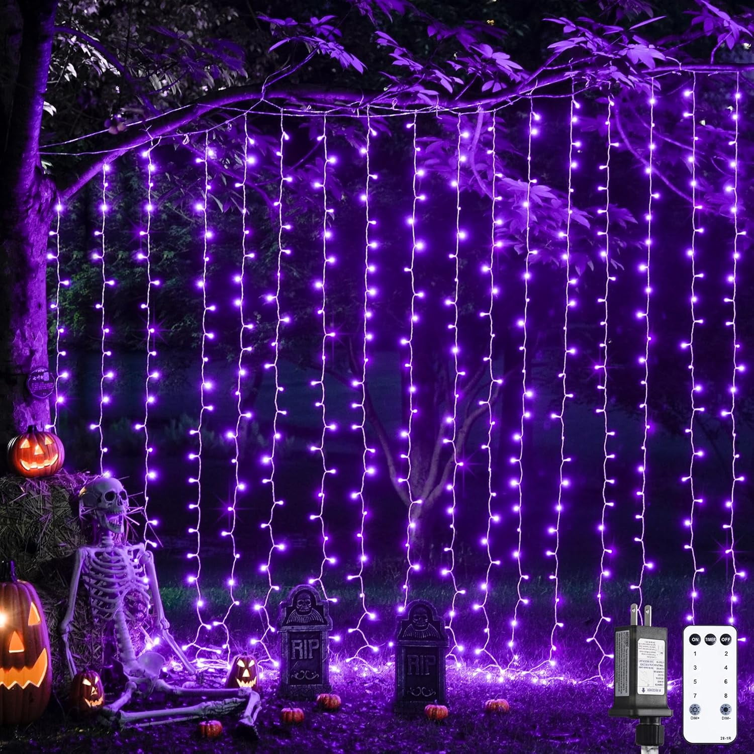 300LED Purple Halloween Lights with Remote, Curtain Hanging Light Plug ...