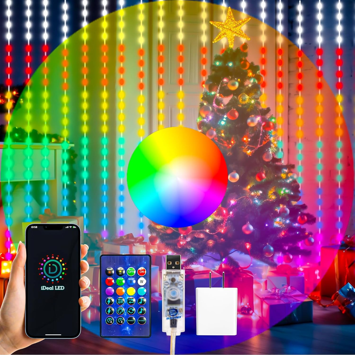 300LED Unlimited RGB Colors Changing Curtain Lights with Remote & APP ...