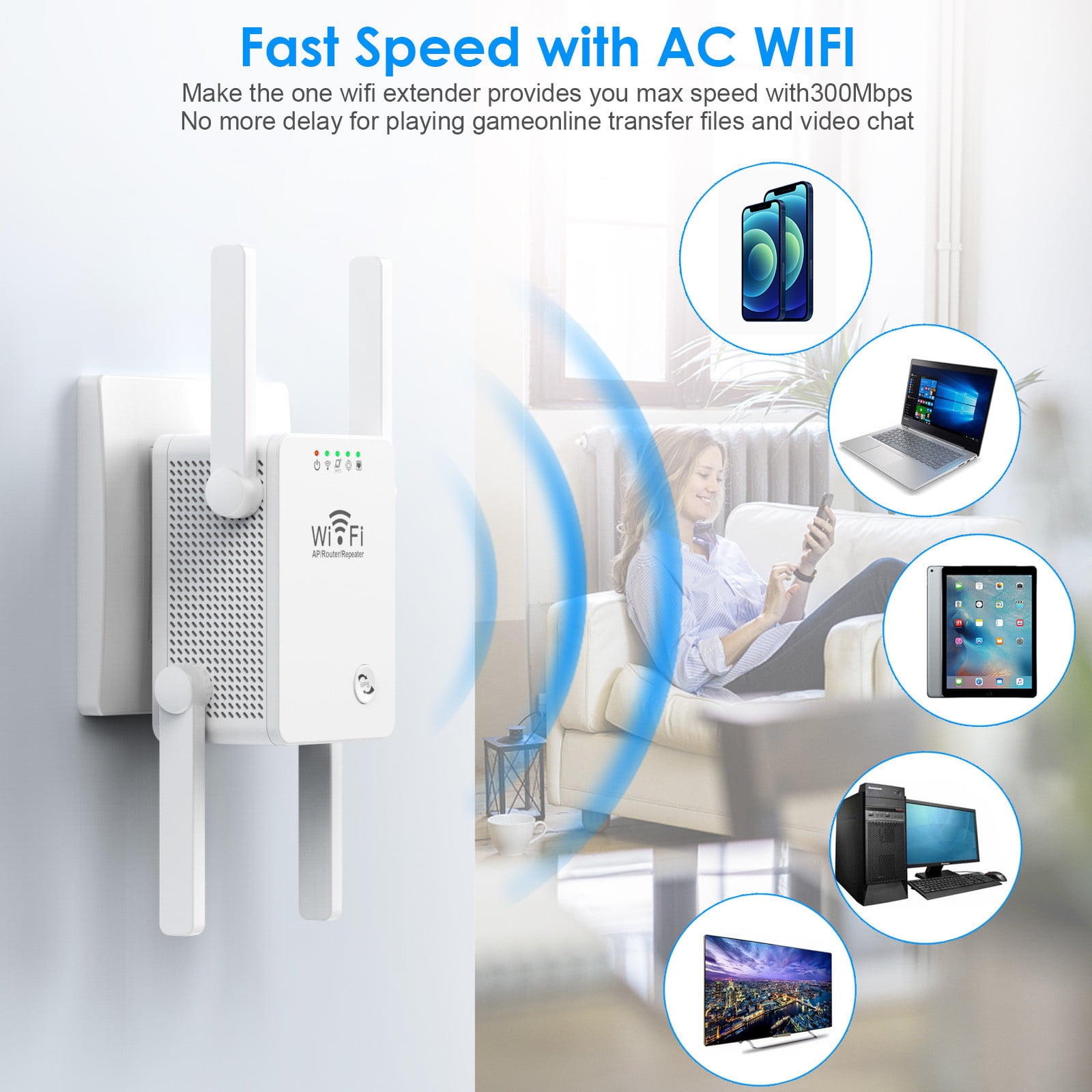 300Mbps WiFi Booster, Long Range Wireless Repeater, Easy Setup, WPS ...