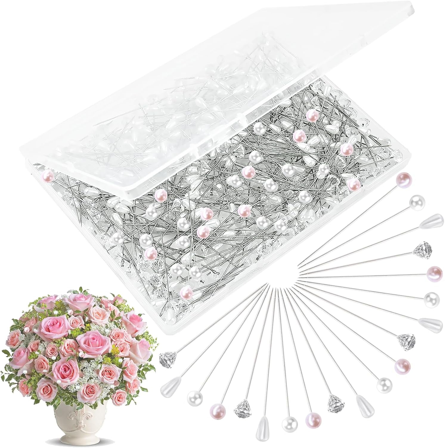 300PCS 4 Styles Bouquet Pins Flower Pin Pearl Head Pins Crystal Corsage ...