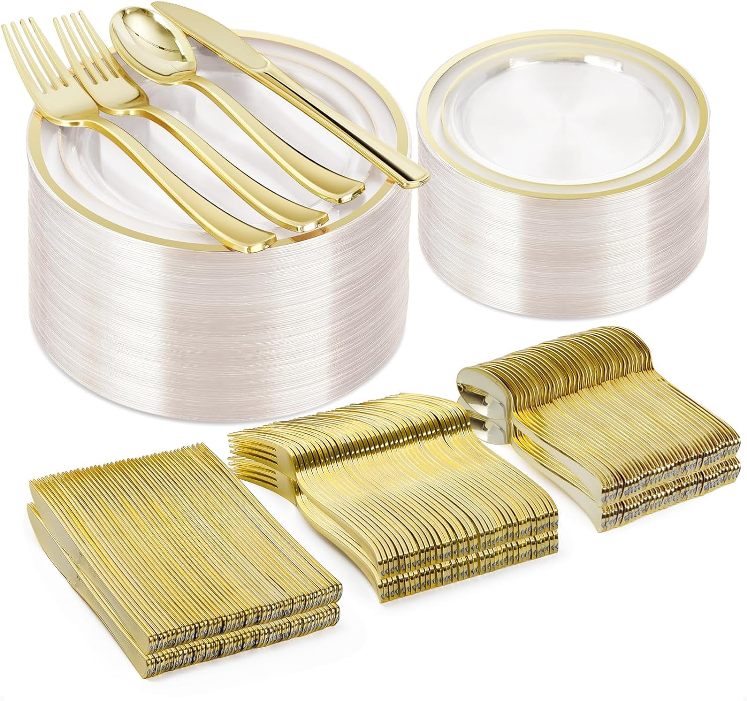 300PCS Clear Gold Plastic Plate Set (50 Guests), Disposable Dinnerware ...