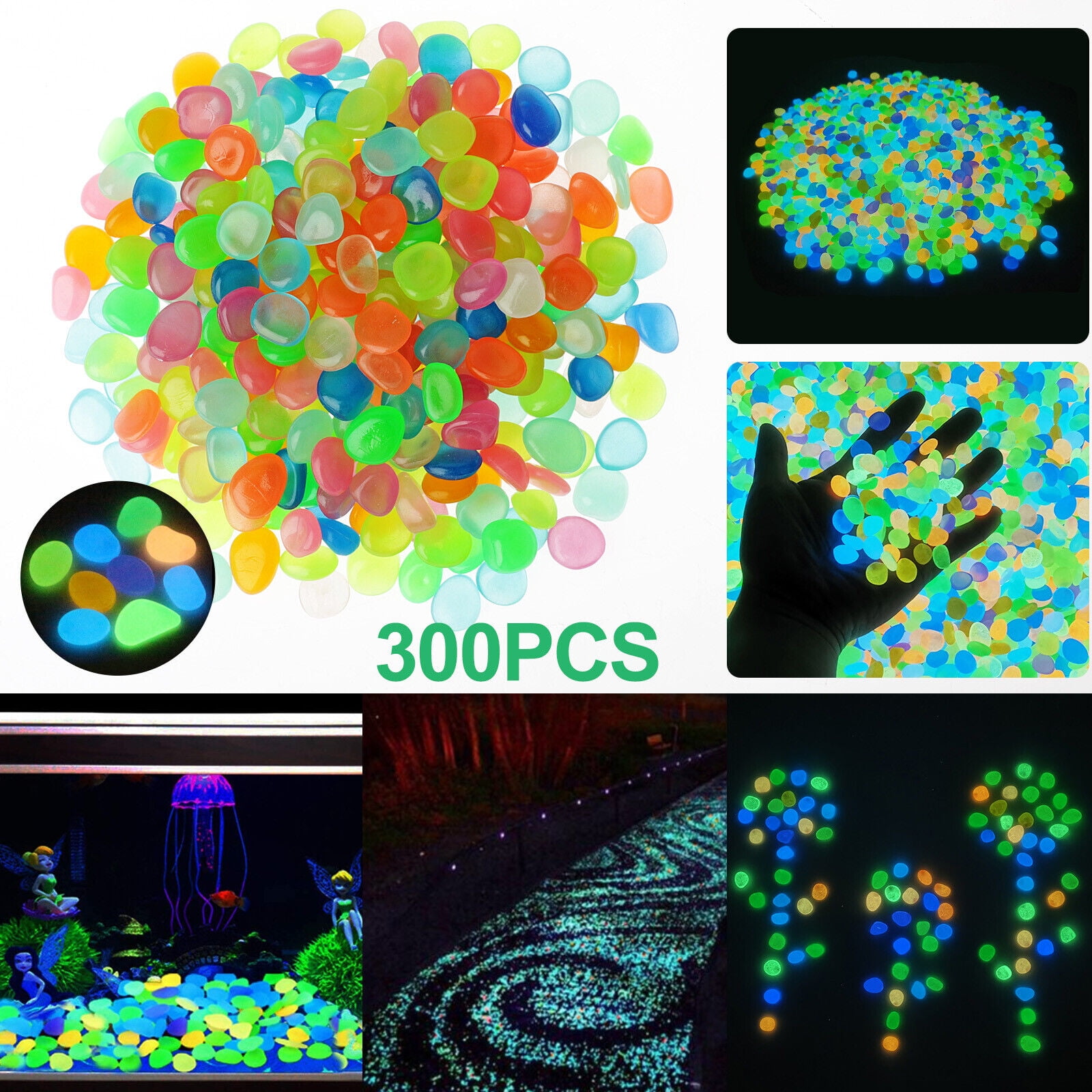 300PCS Glow in Dark Pebbles Garden Glowing Rocks Aquarium Luminous ...