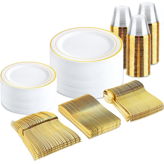 300PCS Gold Disposable Dinnerware Set - White and Gold Plastic Plates ...