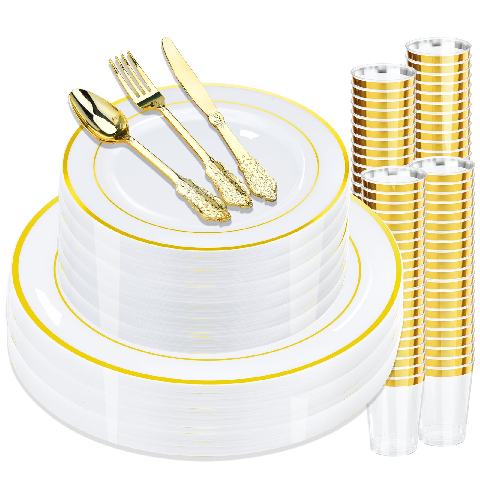 300PCS Gold Disposable Plates & Heavy Duty Cutlery Set for 50 Guests ...
