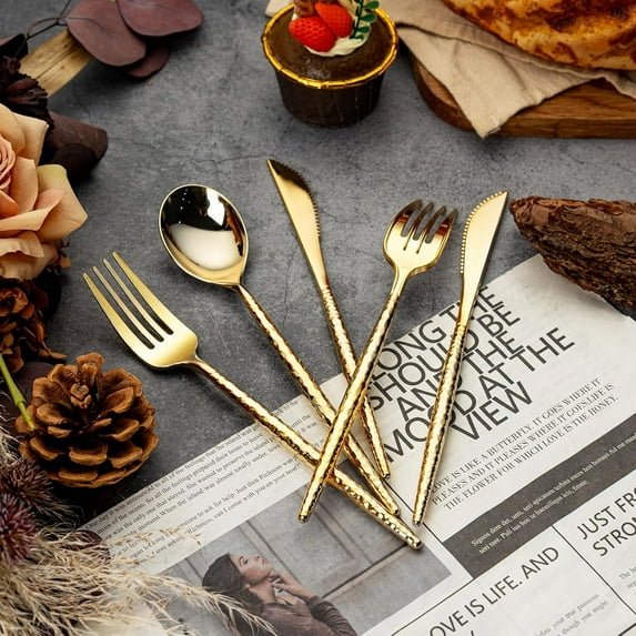 300PCS Gold Plastic Silverware Set - Includes 100 Knives, Forks, and ...