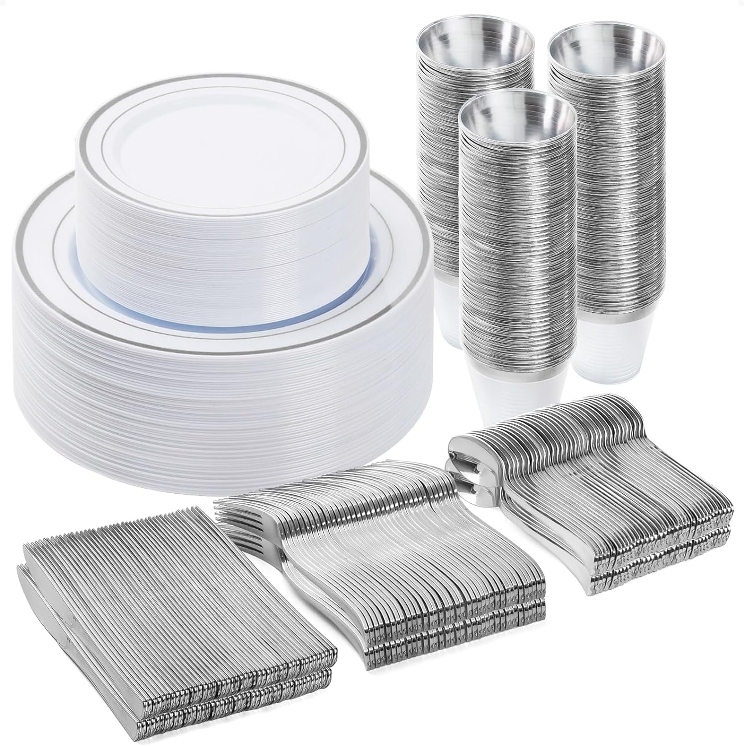 300PCS Plastic Dinnerware Set (50 Guests), Silver Disposable Plates for ...