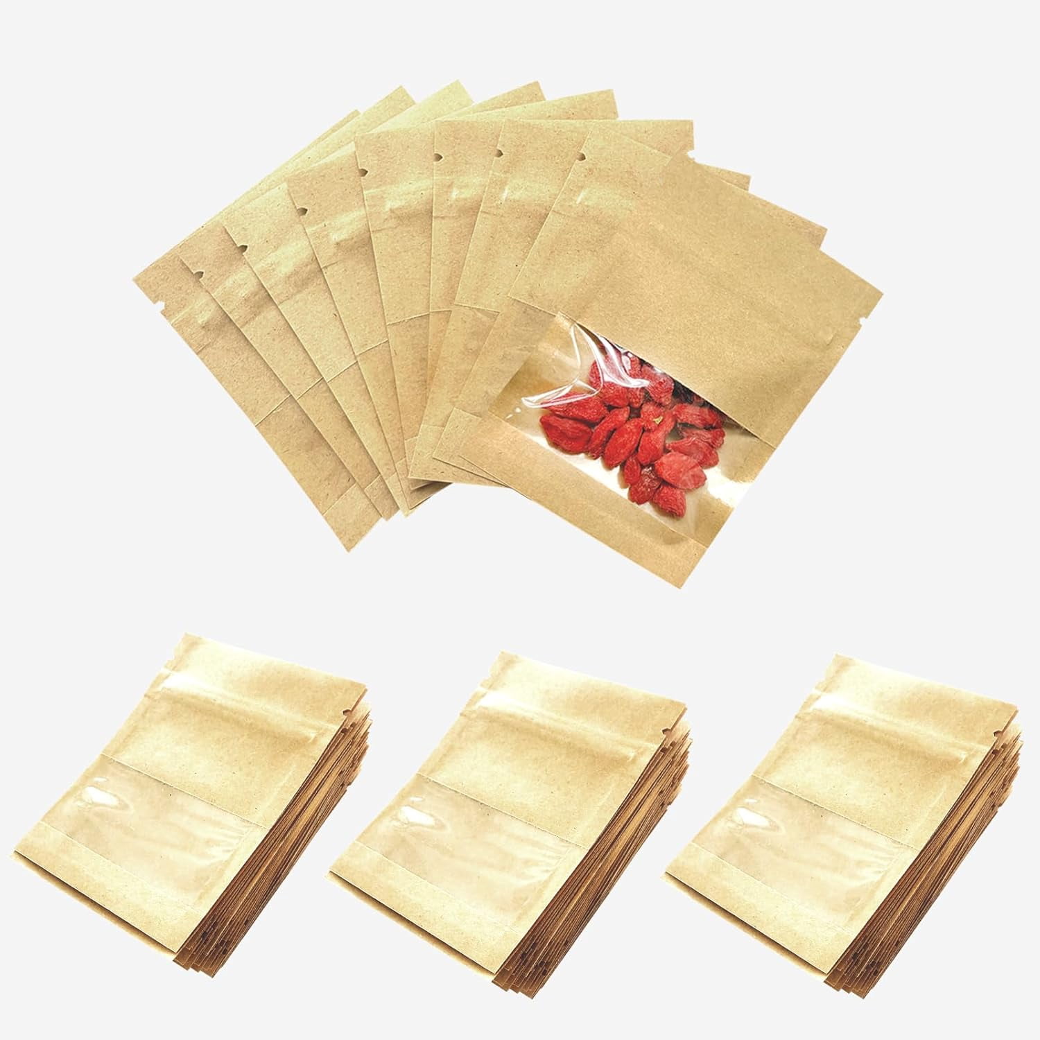 300Pack Clear Window Airtight Brown Kraft Paper for Zip Food Storage ...