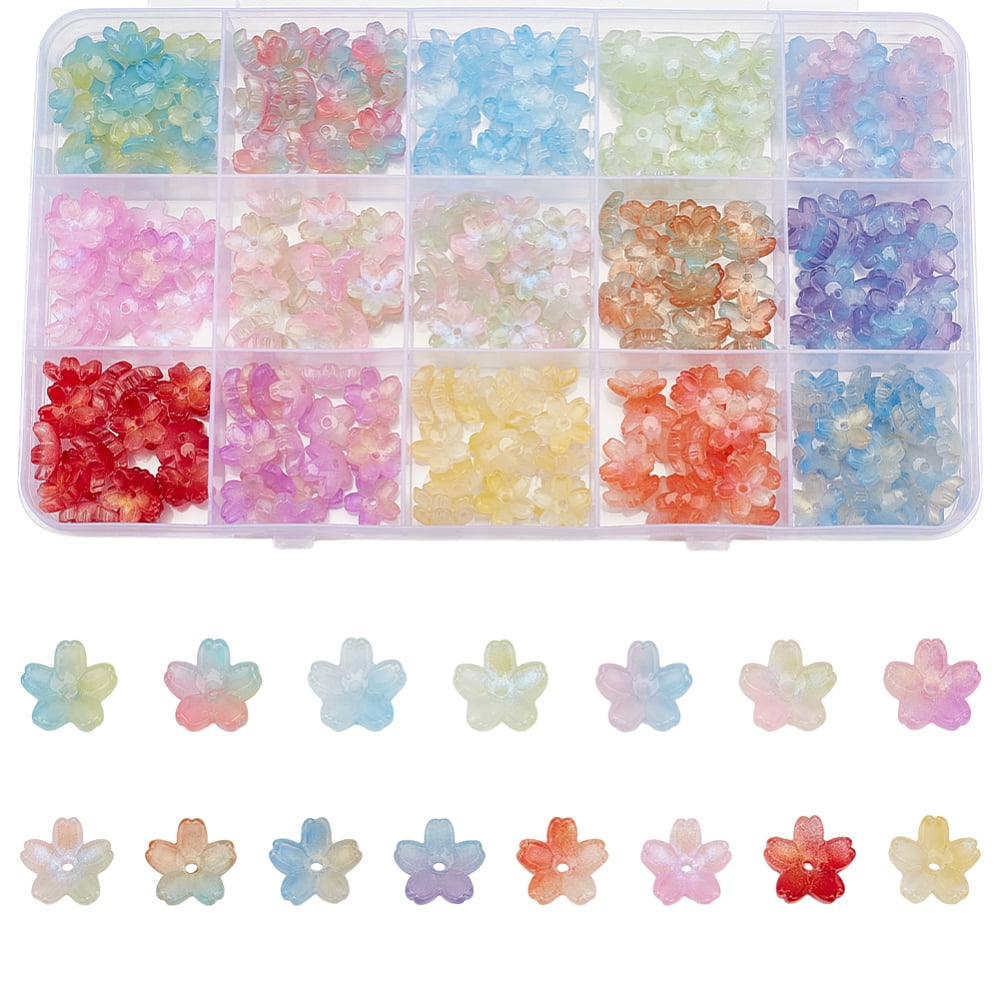 300Pcs 15 Colors Glass Bead Caps 5-Petal Sakura Mixed Color 10x10.5x4mm ...