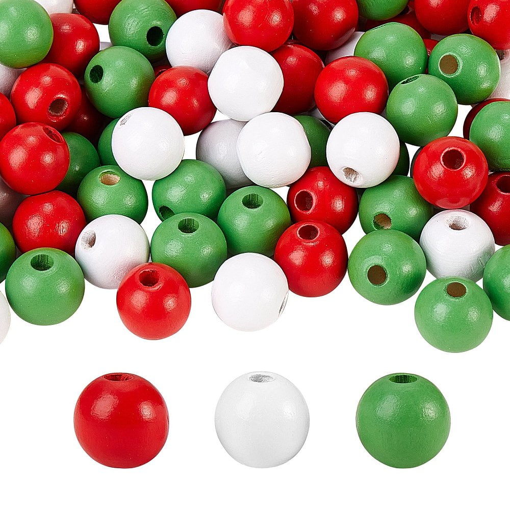 300Pcs 3 Colors Painted Natural Wood Beads Round Mixed Color 16mm Hole ...