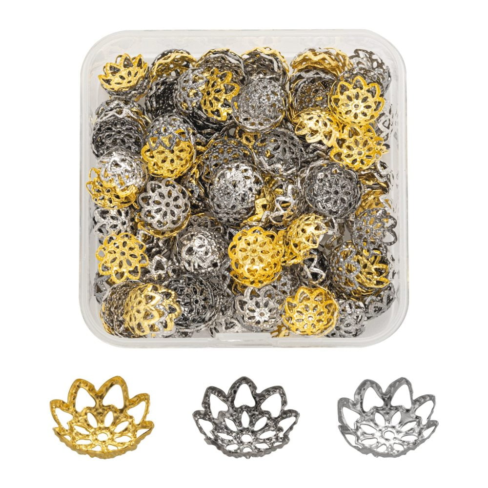 300Pcs 3 Style Iron Fancy Bead Caps Flower Mixed Color 10x4mm Hole: 1mm ...