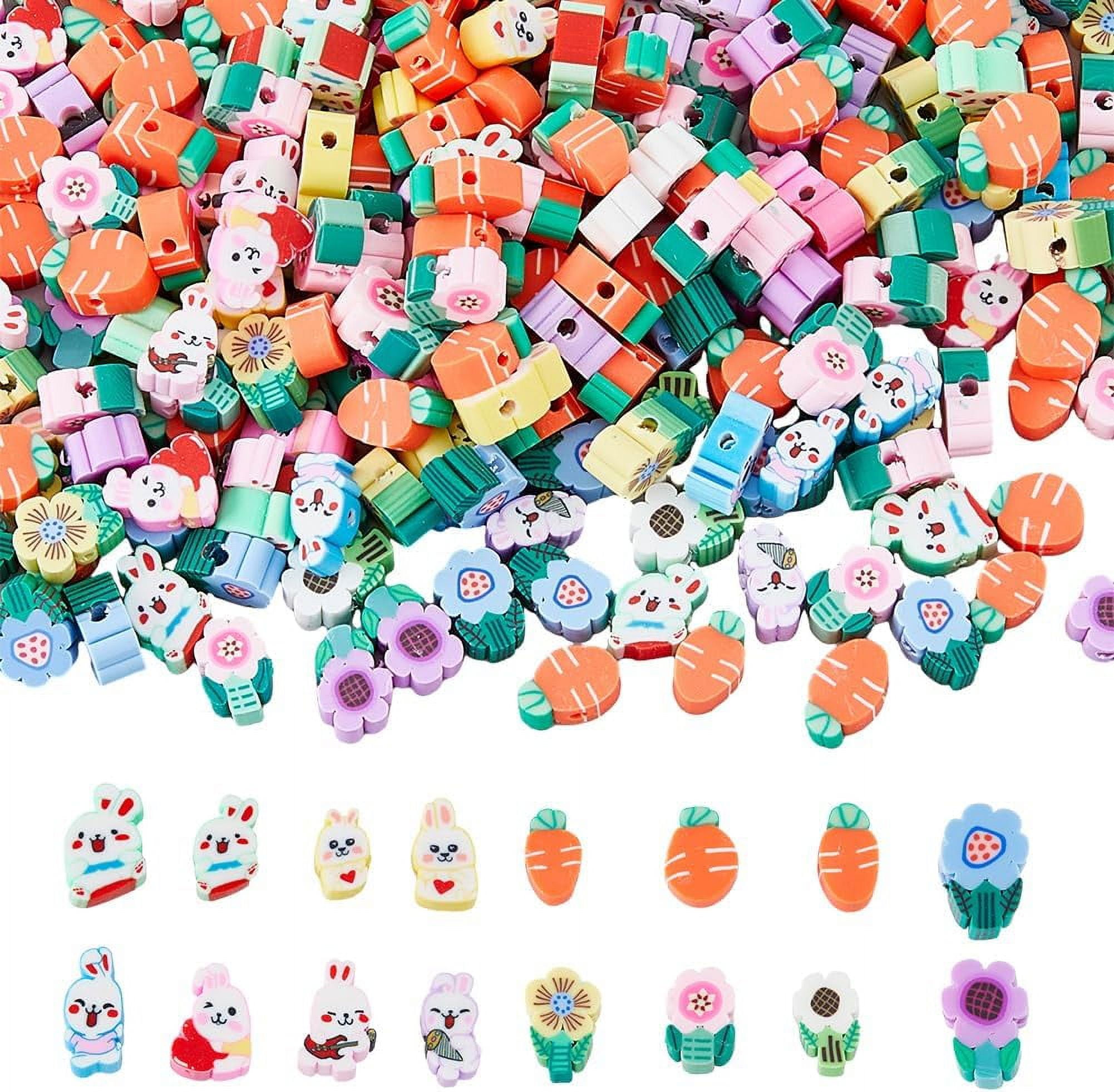 300Pcs 3 Styles Polymer Clay Beads Set Assorted Cartoon Flower Rabbit ...