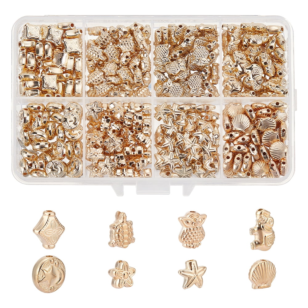 300Pcs 8 Style Plating Plastic Beads Turtle Flower Starfish Light Gold ...