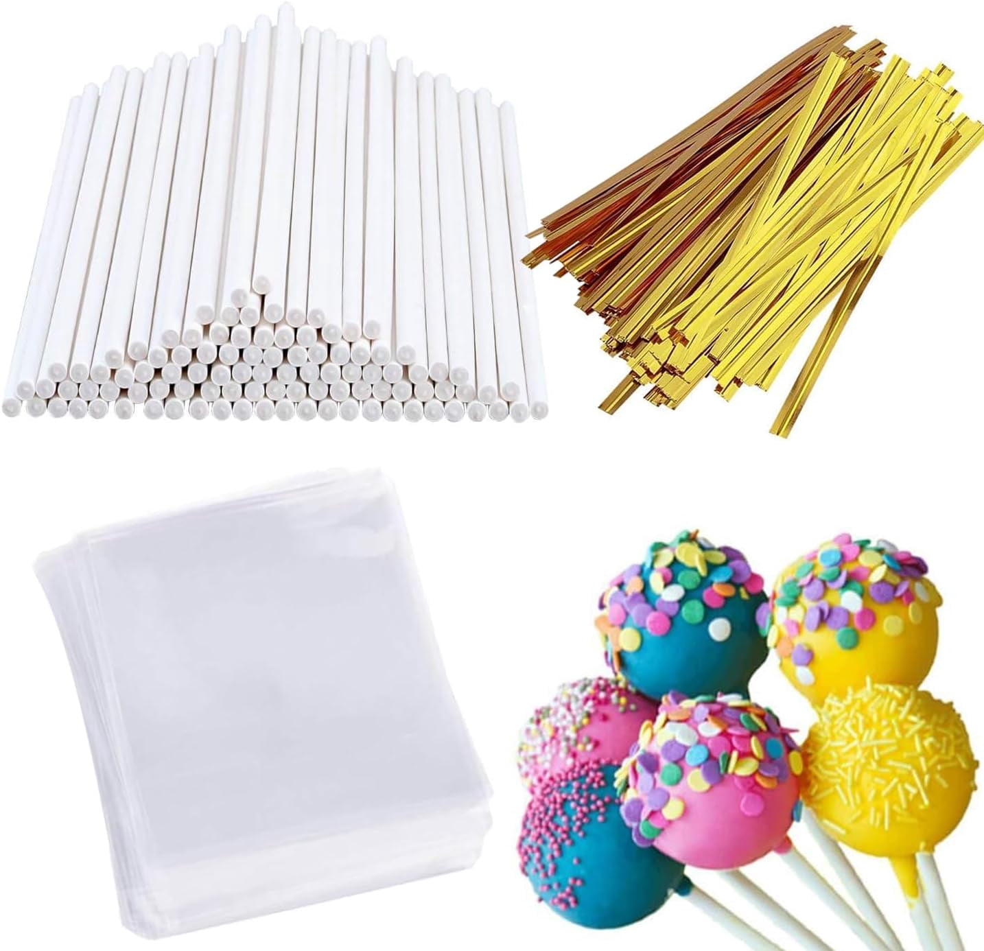 300Pcs Cake Pop Sticks and Wrappers, Including 100Pcs 6-inch Lollipop ...