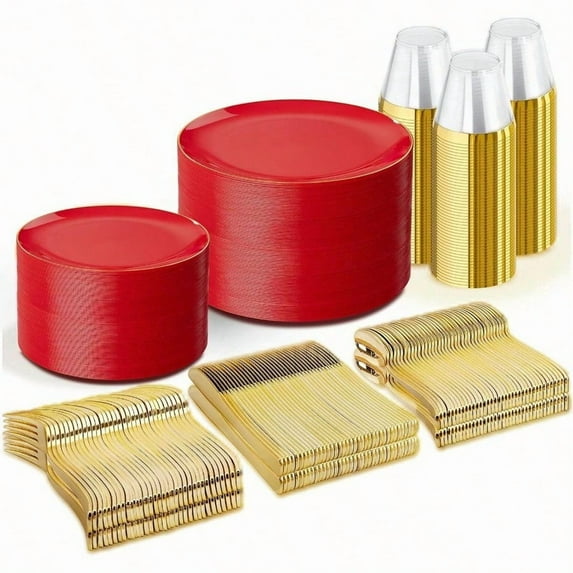 300Pcs Red Disposable Plates - Red Plastic Plates - 50guest Disposable ...