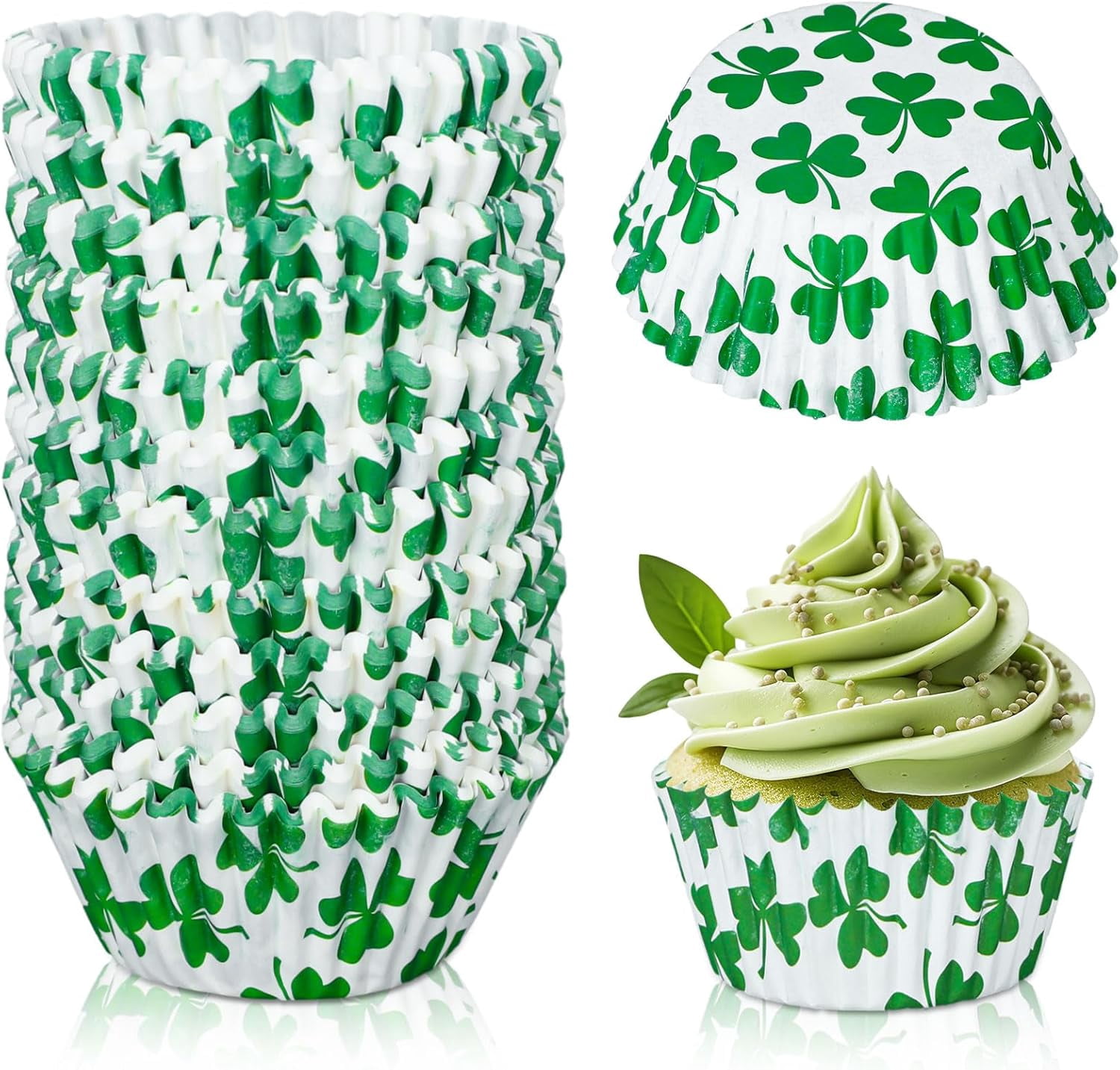 300Pcs St. Patrick's Day Cupcake Liners Shamrock Print Holders Green ...