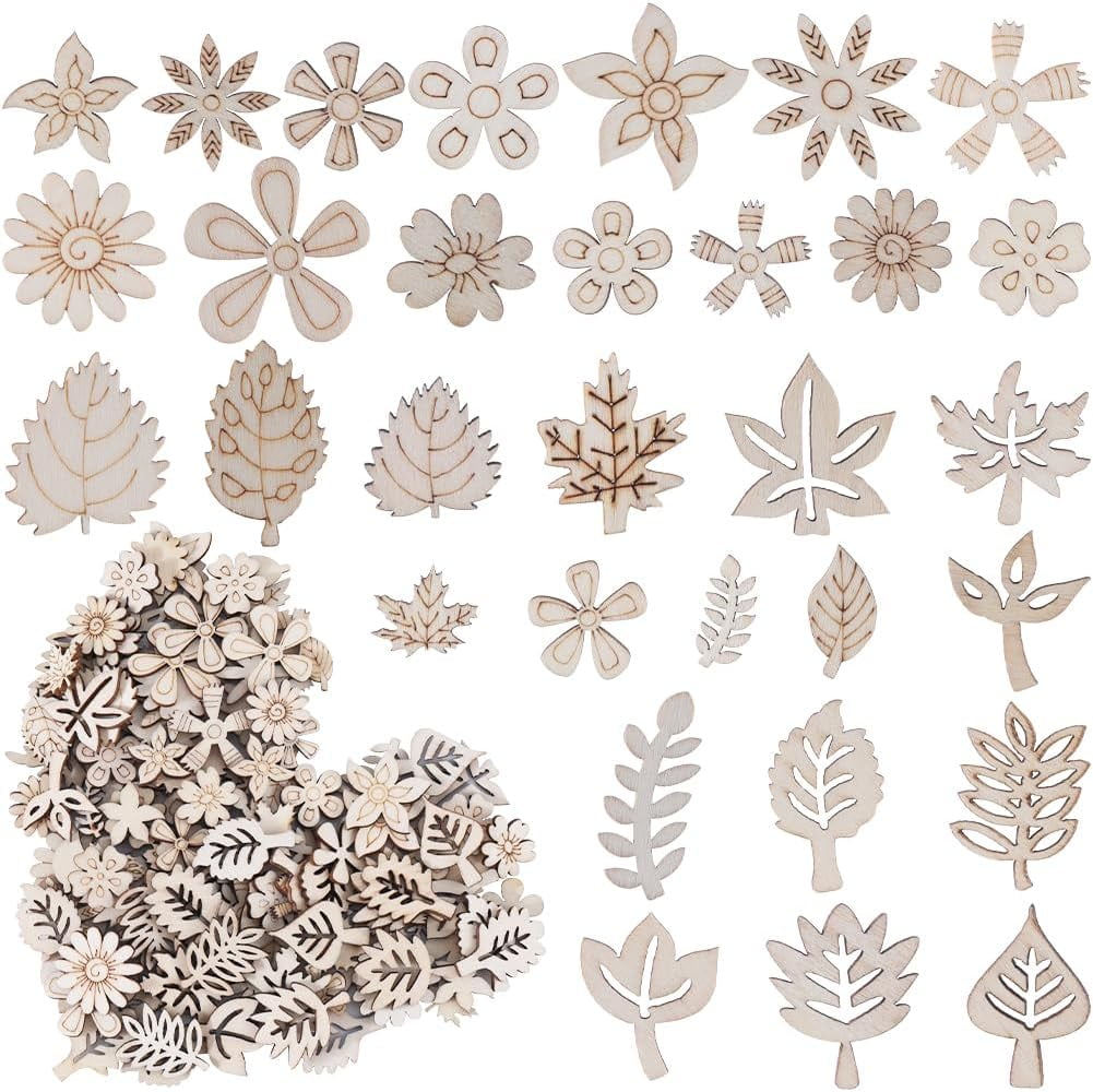 300Pcs Wooden Flower Leaf Flowers Wood Pattern Bulk Mixed Assorted ...