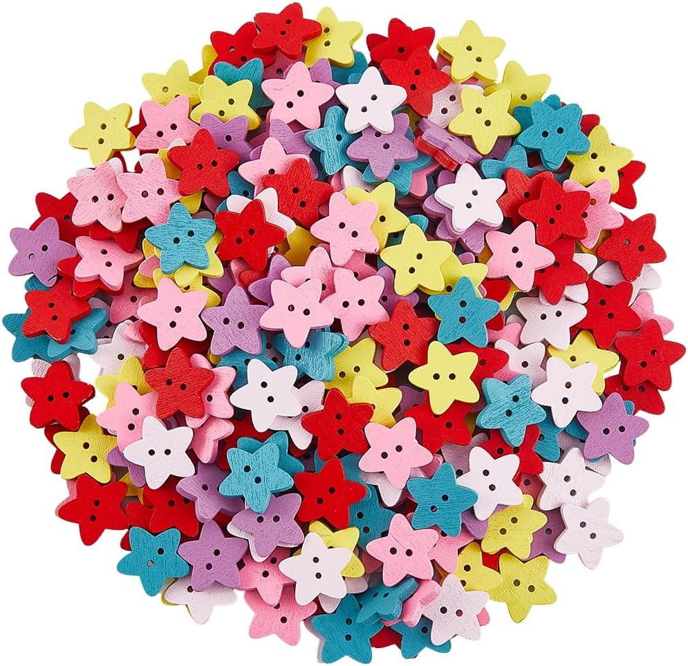 300Pcs Wooden Star Buttons Star Shaped Button Colorful Small Mini Five ...