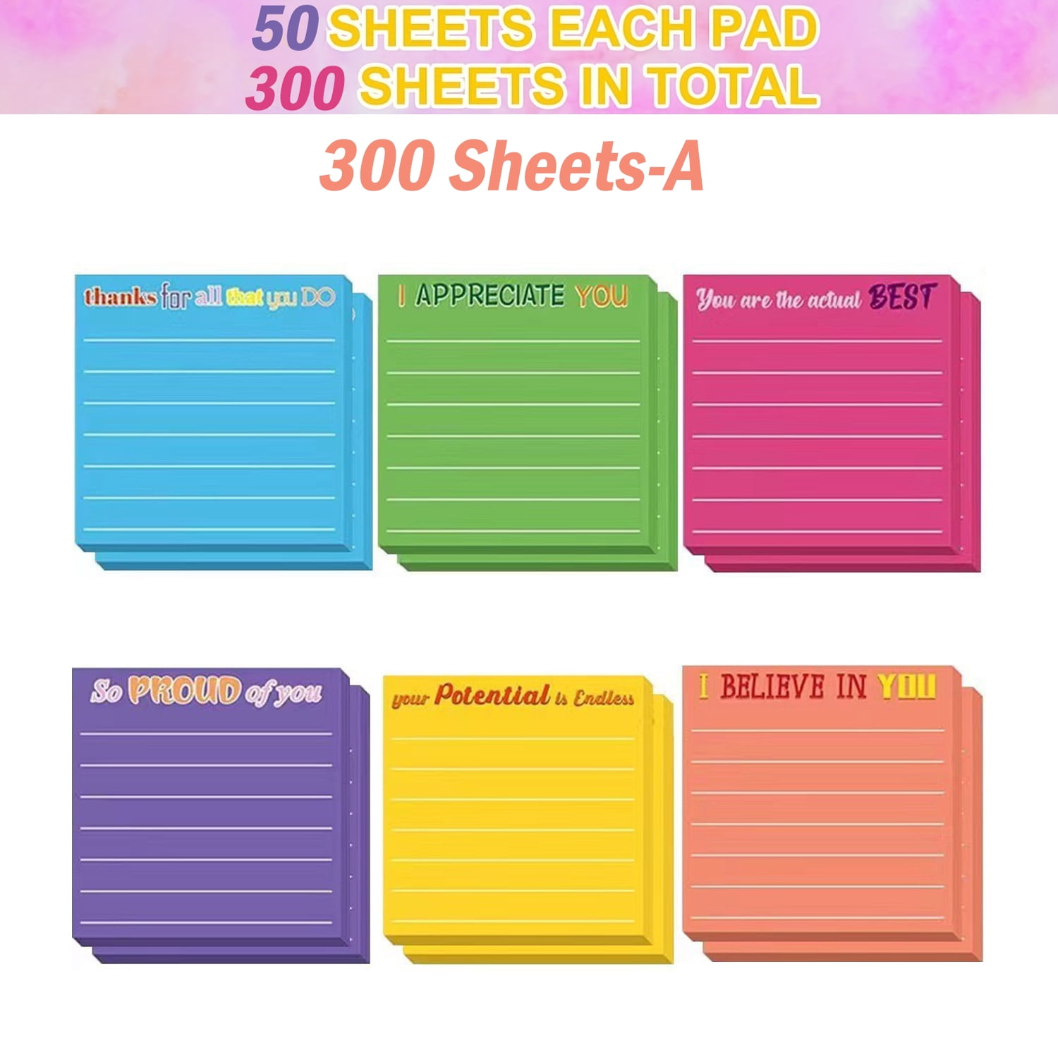 300Sheet/6Pads Inspirational Sticky Notes with Lines Cute Motivational ...